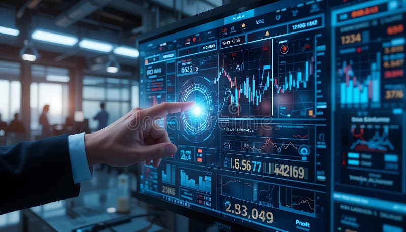Analyzing Financial Data on Digital Screen with Hand Pointing To Chart ...