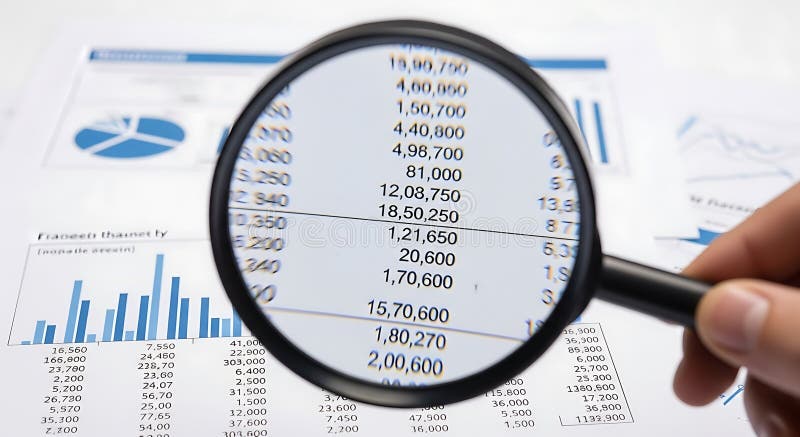 Analyzing Financial Data Hand Holding Magnifying Glass Over Spreadsheet ...