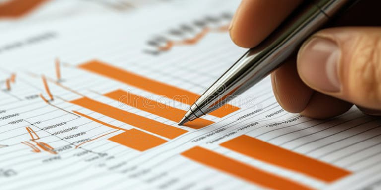 Analyzing Financial Data with Pen on Report Featuring Orange Bar Graphs ...