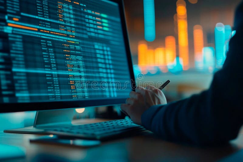 Analyzing Financial Data on a Sleek Desktop in a Modern Office Setting ...