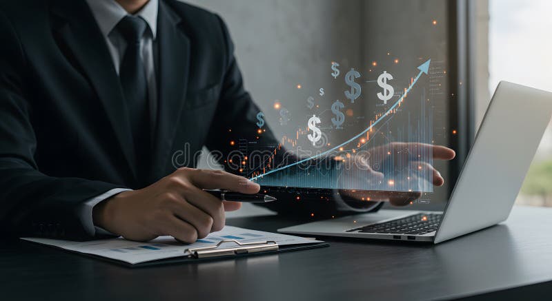 Analyzing Financial Growth Graph on Laptop Business Professional ...