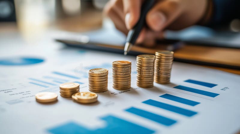 Analyzing Financial Growth through Stacked Coins and Charts on a ...