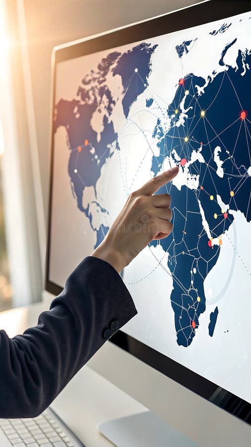 Analyzing Global Connections: Finger Pointing at World Map Visualization on Monitor for Business ...