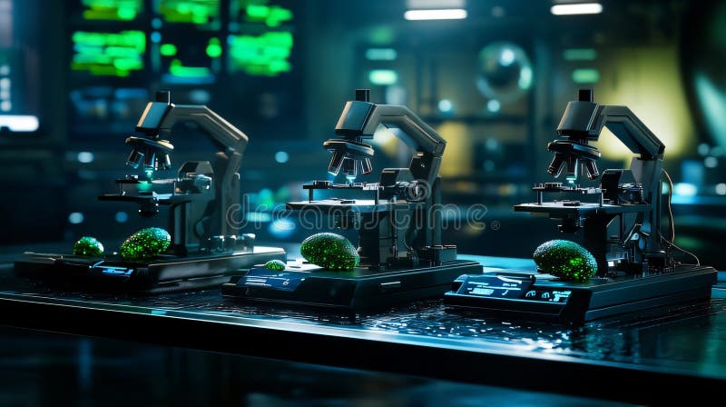 Analyzing Green Sample Under Microscope in Futuristic Laboratory ...
