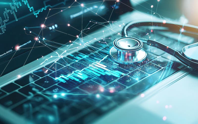 Analyzing Health Data on a Laptop with a Stethoscope Positioned beside ...