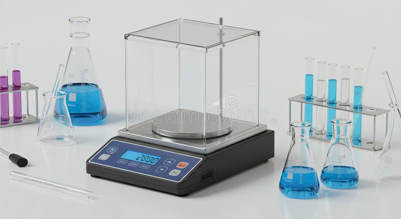Analyzing Lab Equipment Analytical Balance and Glassware with Colorful ...
