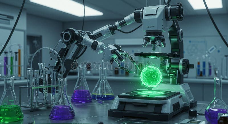 Analyzing Microbe Under Microscope with Robot Arm in Laboratory Stock ...