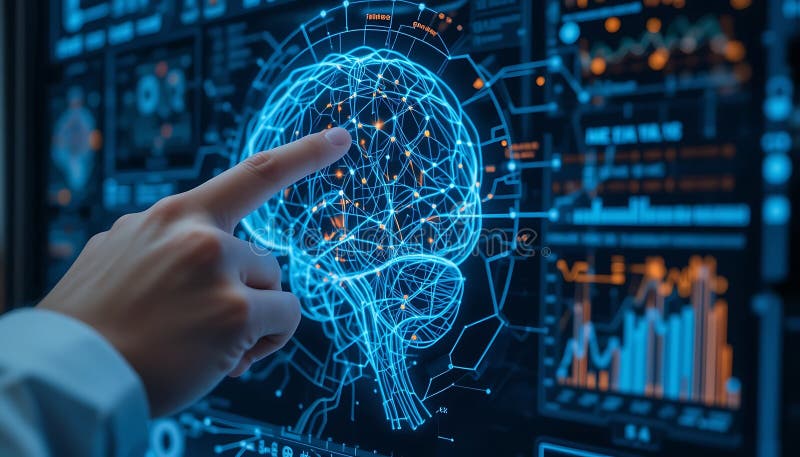 Analyzing Neural Network Brain Activity on Screen with Finger Pointing Stock Illustration ...