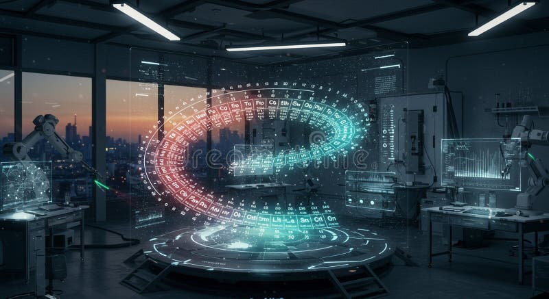 Analyzing Periodic Table Data in Futuristic Laboratory Setting Stock Illustration - Illustration ...