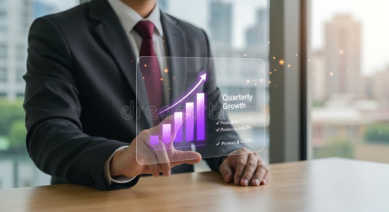 Analyzing Quarterly Growth Chart on Transparent Screen with Business ...