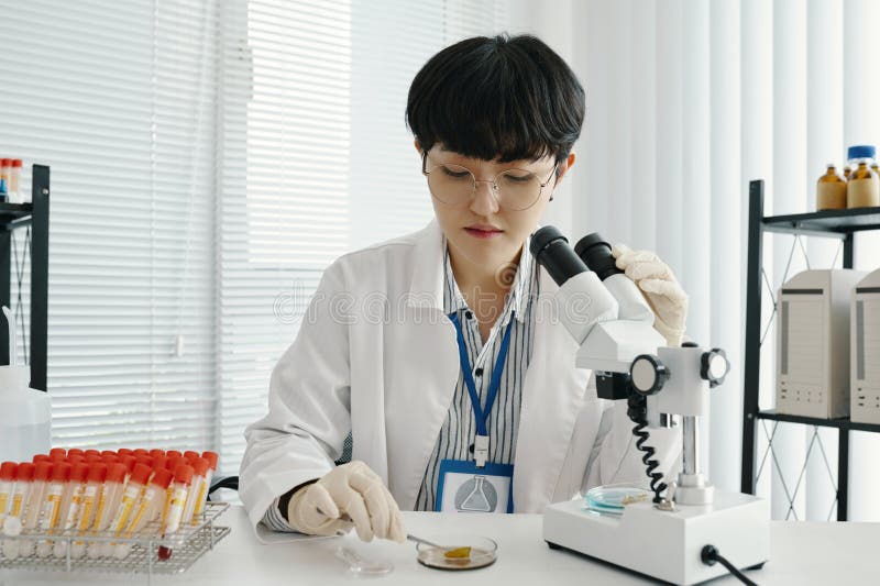 Analyzing Sample Using Laboratory Microscope in Laboratory Setting ...