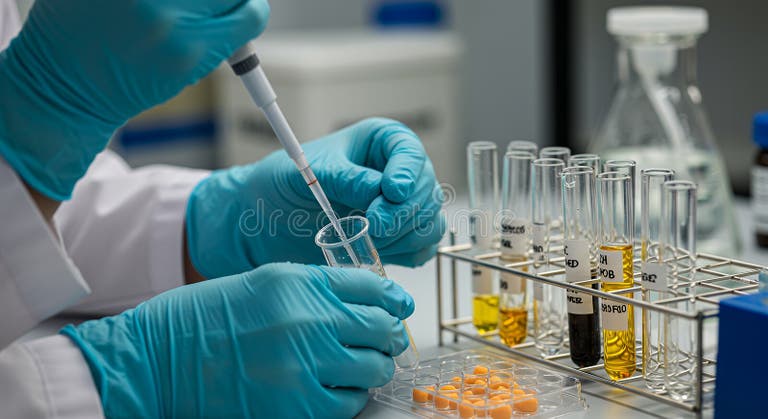 Science Lab Experiment: Researcher Analyzing Samples with Pipette, Test ...