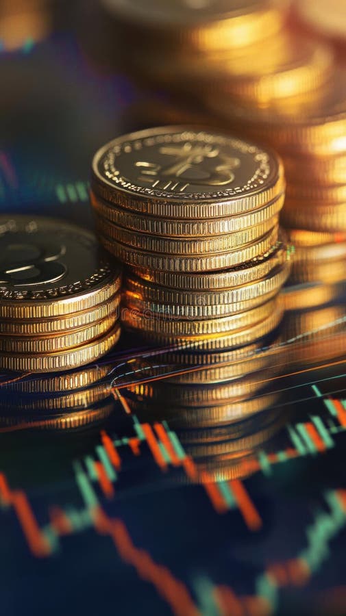 Analyzing Stacks of Gold Coins and Financial Charts Stock Illustration ...