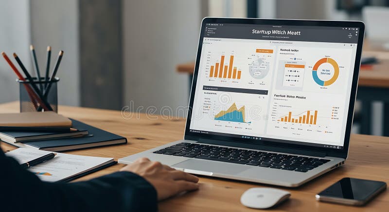Analyzing Startup Data on Laptop with Charts at Modern Workspace Stock ...