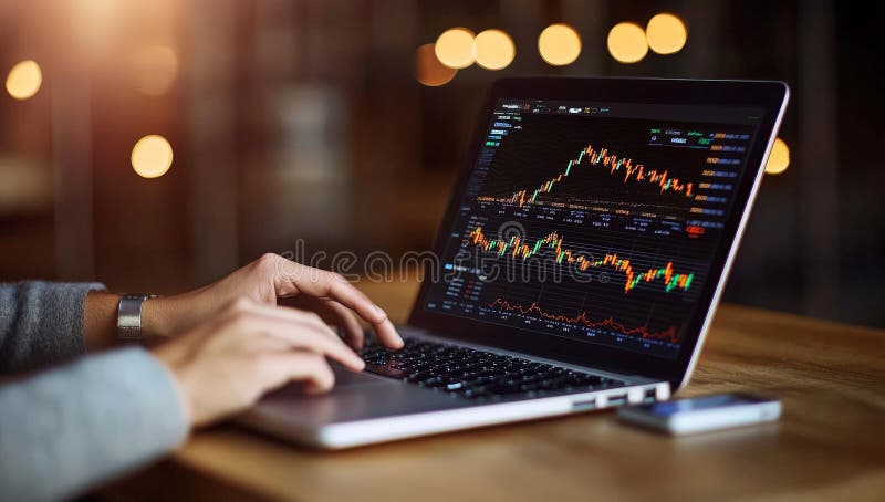 Analyzing Stock Market Trends on Laptop at Night with Candlestick Chart and Data Stock Photo ...
