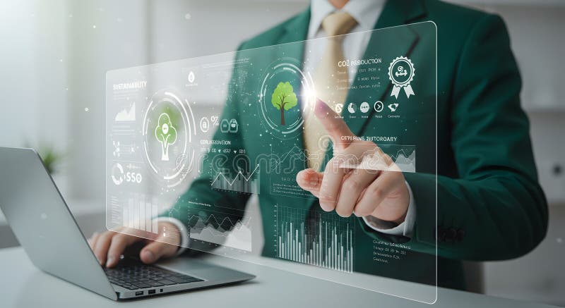 Analyzing Sustainability Data on Transparent Screen with Laptop for Eco ...