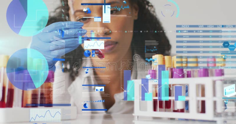 Analyzing Test Tubes, Scientist Processing Data with Animation Overlay ...