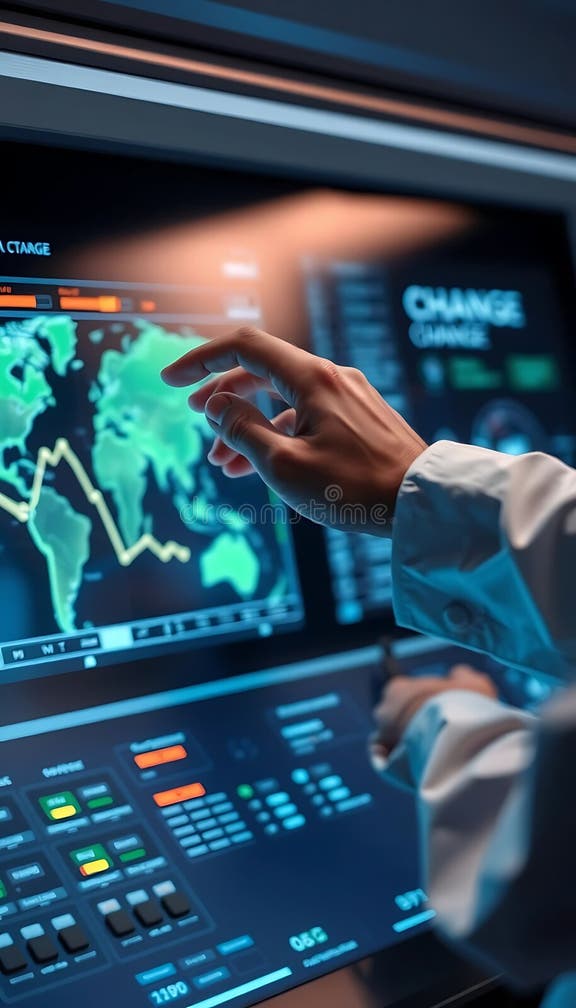 Analyzing World Map Data on Screen with Hand Pointing in Lab Stock ...