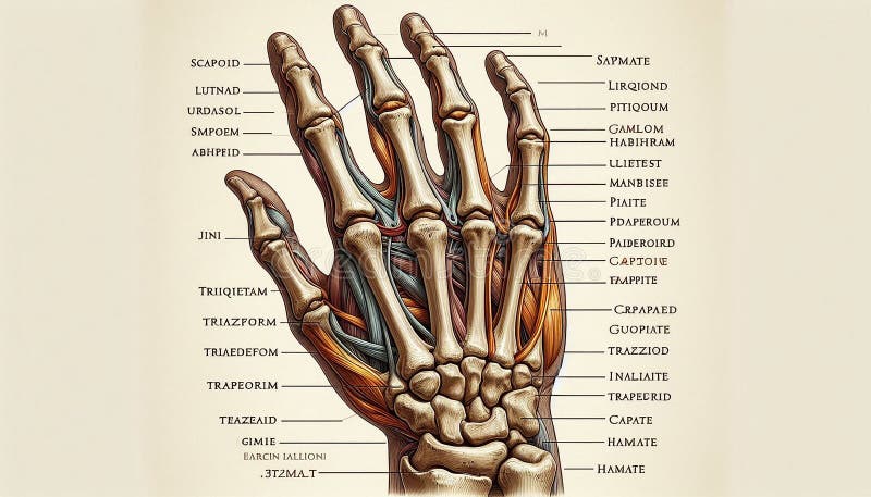 Anatomical Diagram of Human Hand Bones and Structures Stock Illustration - Illustration of ...