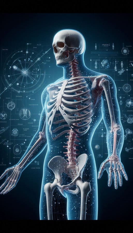 Anatomical Human Skeleton with Digital Background Stock Illustration ...