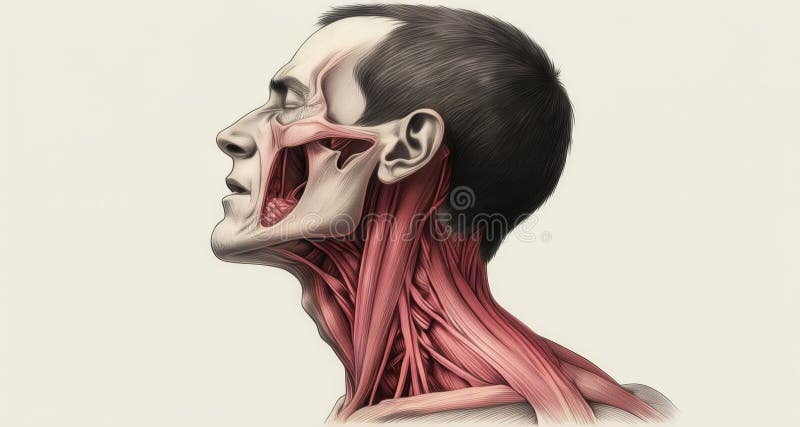 Anatomical Illustration of a Human Head and Neck with Muscles and Bones ...