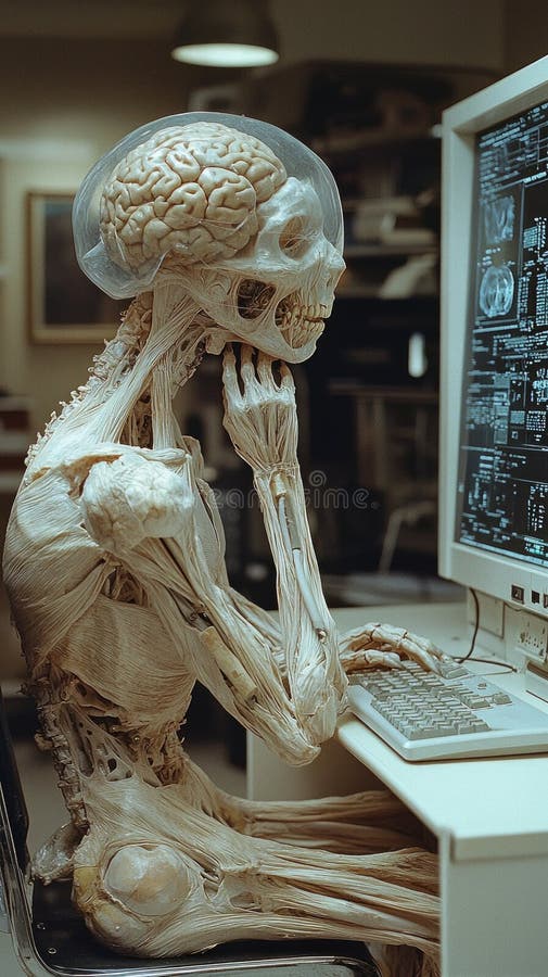 Anatomical Model of a Human Skeleton with Brain at Computer Station ...
