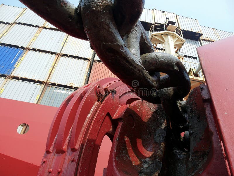Anchor Chain and Red Forward Starboard Side Mooring Winch and Anchor ...