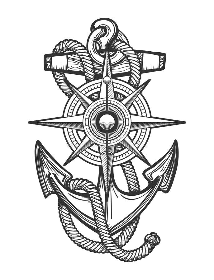 Anchor with Compass Engraving Illustration Stock Illustration ...