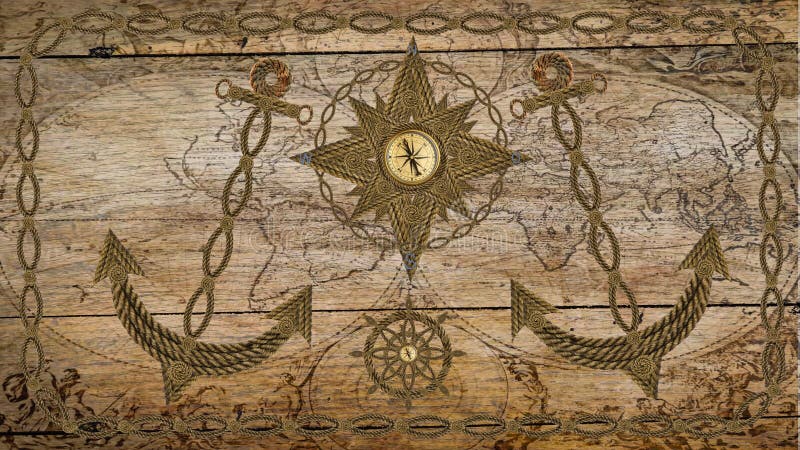 Anchor Compass and Ship Steering Wheel on Wooden Board Stock Photo ...