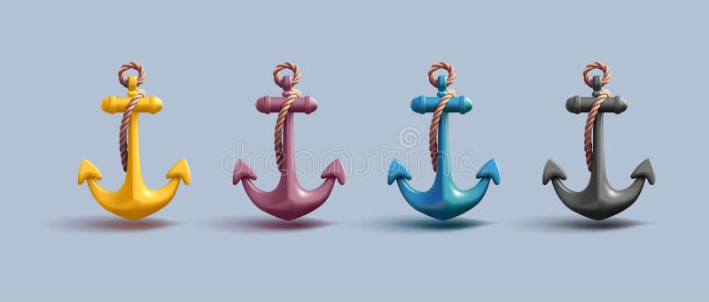 Anchor 3D Vector Icon Set, Sailing Retro Anchor with Rope in Different ...