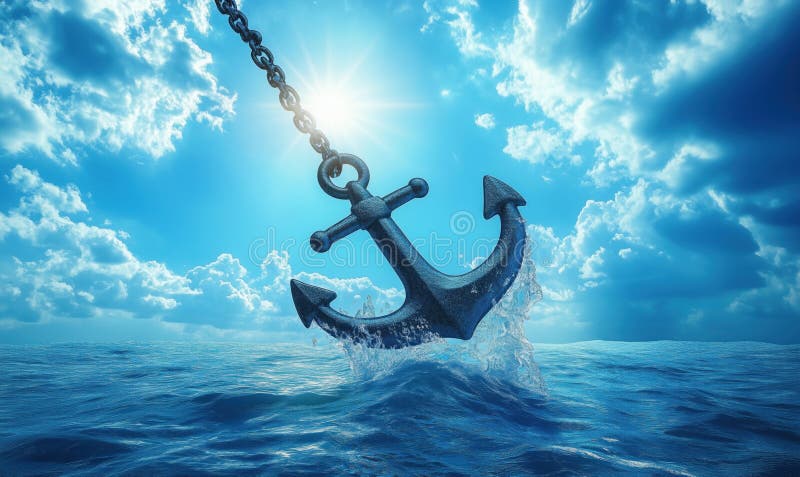 Anchor Emerging from Ocean Waves Under Bright Blue Sky with Sun and ...