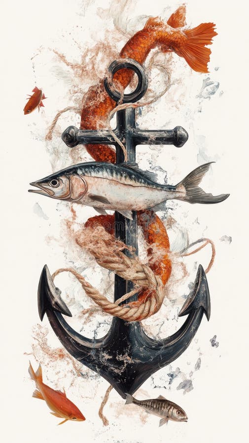 Anchor with Fish and Rope Surrounded by Swimming Fish and Splashing ...