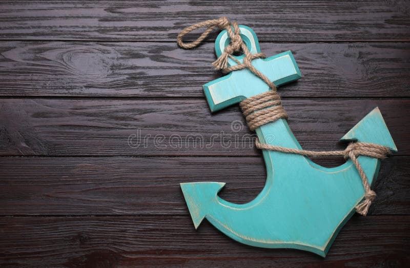 Anchor with Hemp Rope on Dark Wooden Table, Top View. Space for Text ...