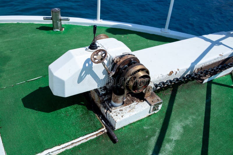 Anchor Lifting Mechanism Engine on the Boat. Anchor Chain Winch ...