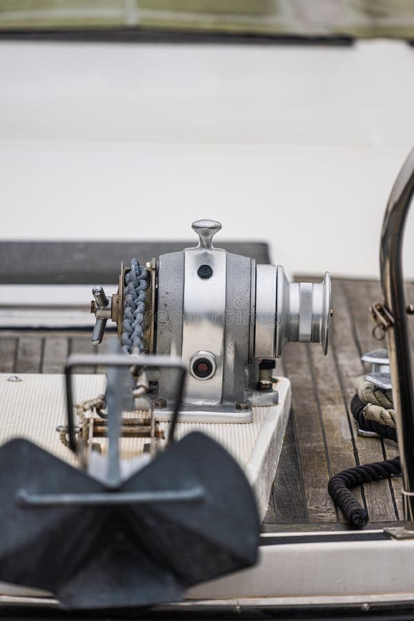 Anchor Winch Mounted on the Bow of a Boat.. Stock Image - Image of cord ...