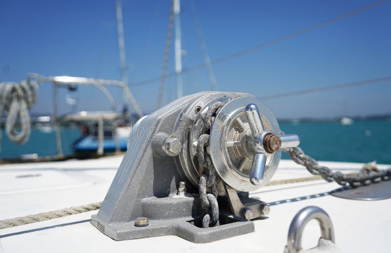 Anchor Winch Mounted on the Bow of a Boat.. Stock Photo - Image of ...