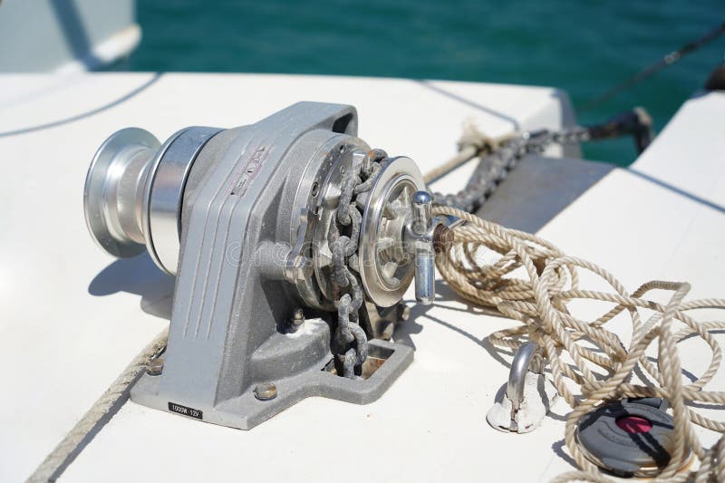 Anchor Winch with Sturdy Chain on a Voyage Boat, Ensuring Stability and ...