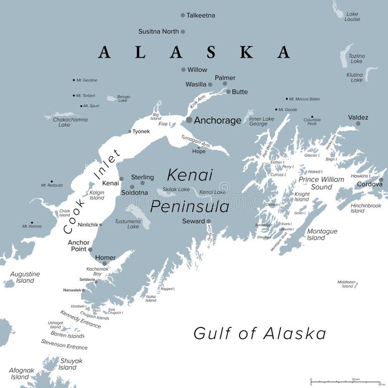 Anchorage and Kenai Peninsula, Alaska, Gray Political Map Stock ...