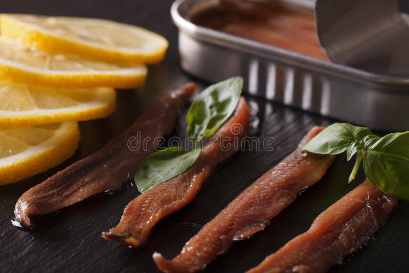 Anchovy Fillets and Lemon Macro on a Slate Board. Horizontal Stock ...