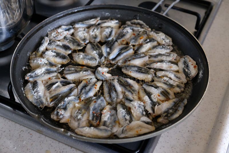 Anchovy Fish Cooked on a Stove, Cooking Anchovy in a Pan, Anchovy in a ...