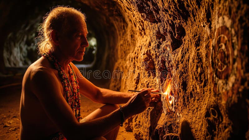 Ancient Aboriginal Elder Paints Sacred Symbols in Cave by Firelight ...