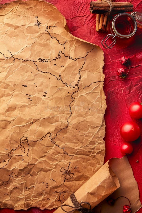 Ancient Adventure Map on Rustic Red Background with Decorative Elements ...