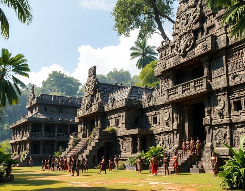 Ancient Amazon Civilization with Ancient Buildings and Groups of People ...