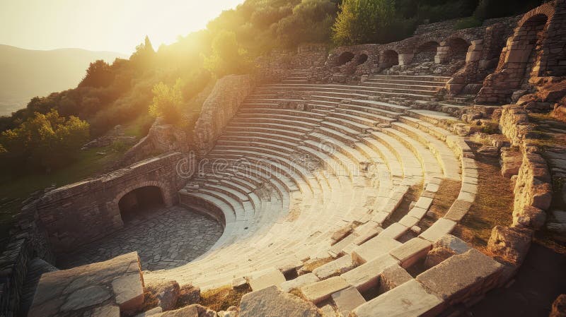 Ancient Amphitheater at Sunset: a Timeless Stone Structure in Harmony ...