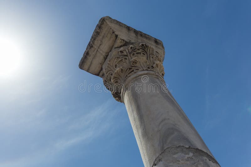 Ancient Antique Greek Column Against the Blue Sky, Look Upwards Stock ...