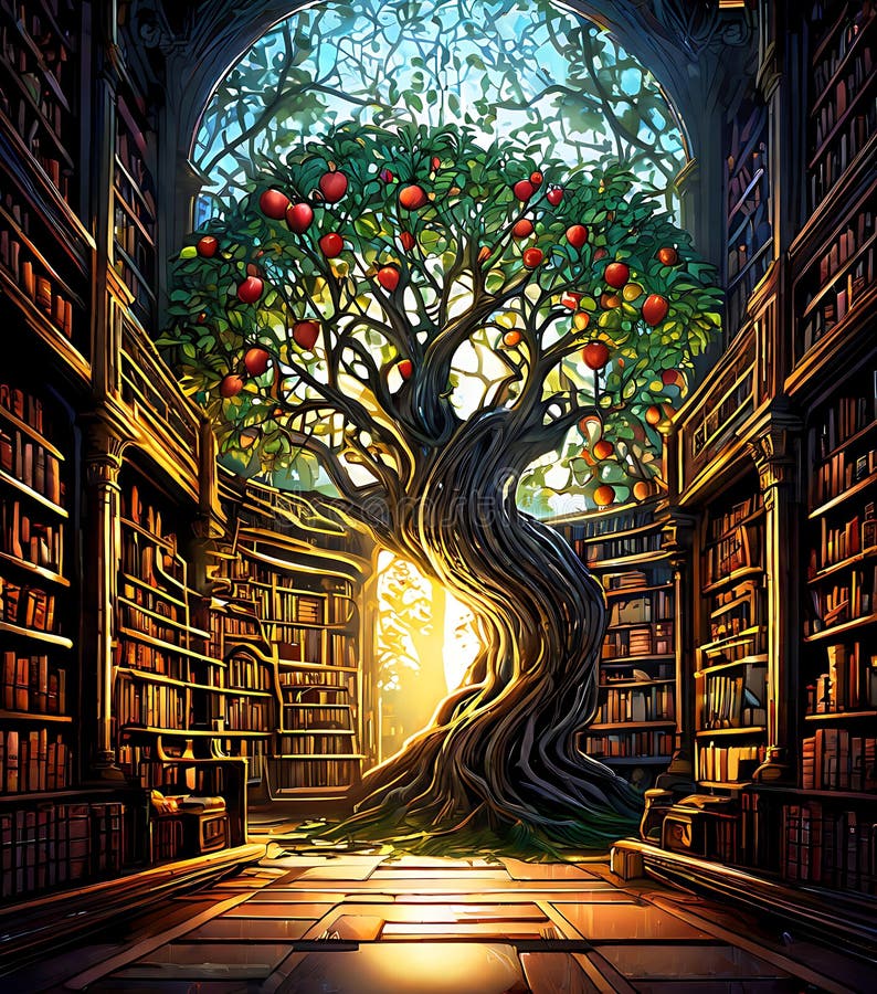 An Ancient Apple Tree Growing in the Center of a Mystical Library ...