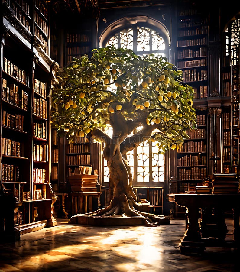 An Ancient Apple Tree Growing in the Center of a Mystical Library ...