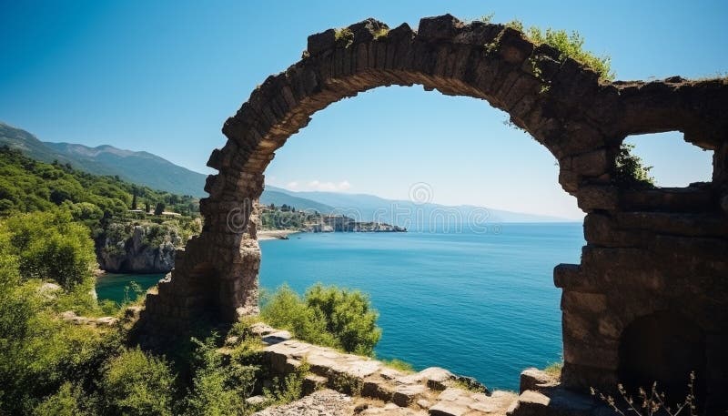 Ancient Aqueduct Frames Famous Arch, Nature Panoramic Journey by Sea ...