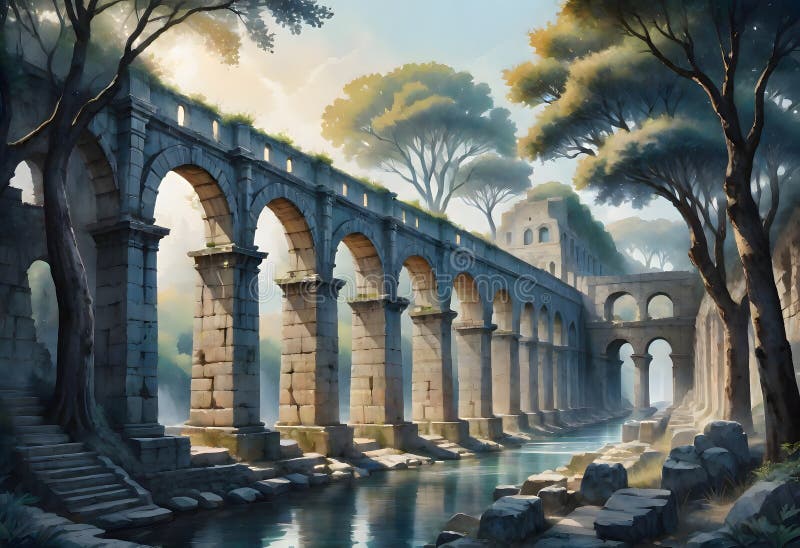 Ancient Aqueduct Surrounded by Lush Greenery and Reflecting Water ...