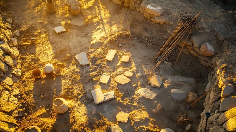 Ancient Archaeological Dig Site with Clay Pottery and Stone Tablets at ...